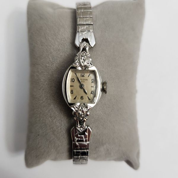 Ladies Bulova White Gold Plated Wind Up Wrist Watch With Diamond Chips ...