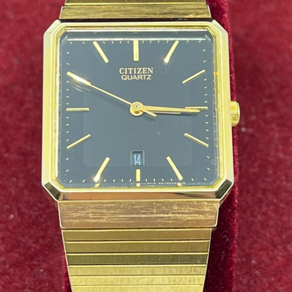 VTG Citizen CQ Tank Watch Men Black Dial Gold Tone Date Rectangle 6010 ...
