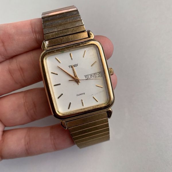 Vintage Timex White Face rectangle Square gold tone men's watch ...