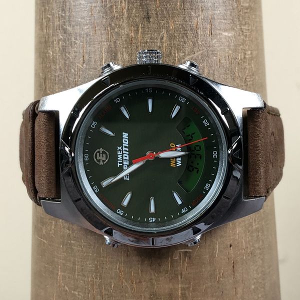 Timex Expedition Men Green Dial Brown Leather Quartz Analog Digital ...