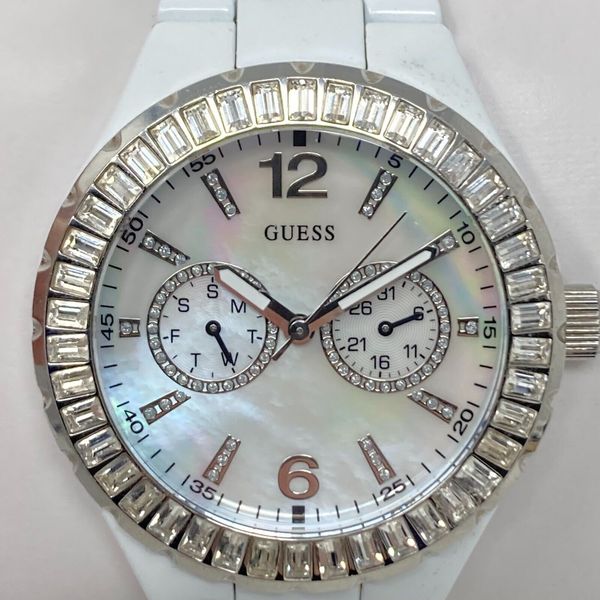 Guess Watch Women 38mm Silver Tone Day Date Pave Bling MOP Dial New ...