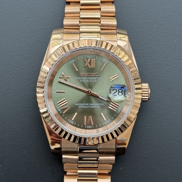 Seiko Mod Rose Gold President Bracelet, Green Olive Sunburst Roman Dial ...