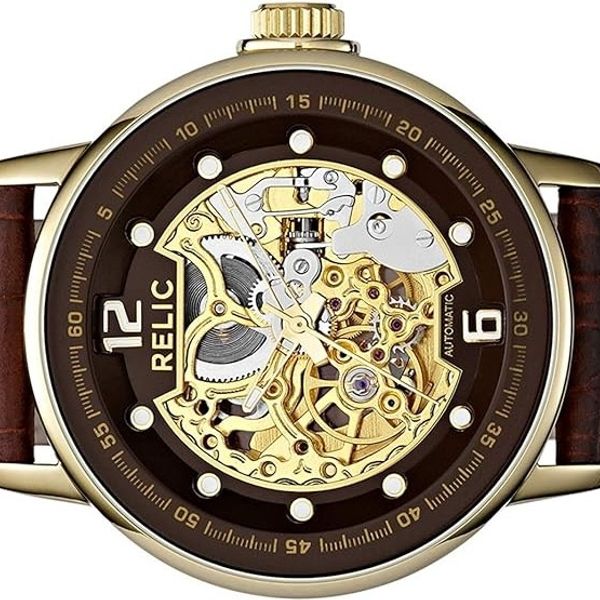 Relic by Fossil Men's Automatic Watch ZR77241 Gold Case Brown Leather ...