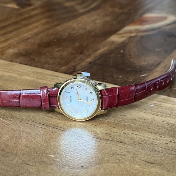 TIMEX Red Leather 25mm Gold Case Women's Watch - T21693 MSRP: $65 ...
