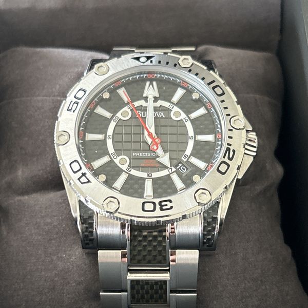 Bulova Precisionist Champlain 96B155 Carbon Dial Steel Watch With Box ...