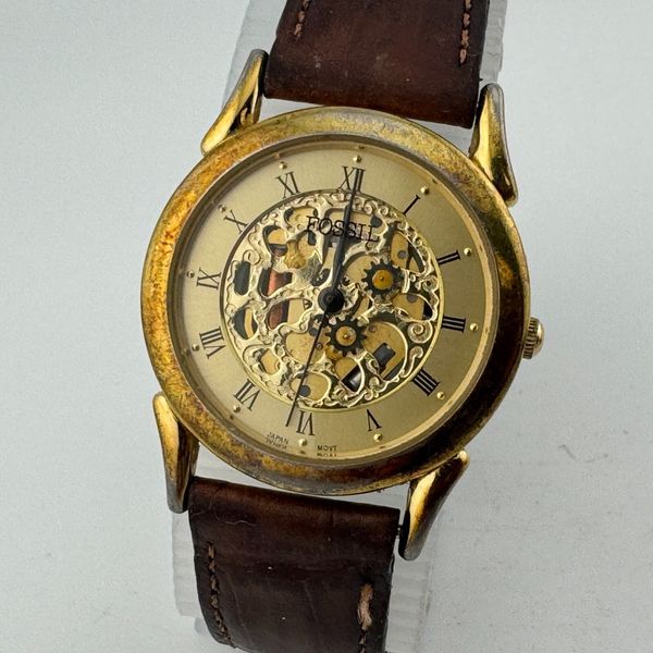 Vintage Fossil Quartz Watch World Men Gold Tone Skeleton Leather New ...