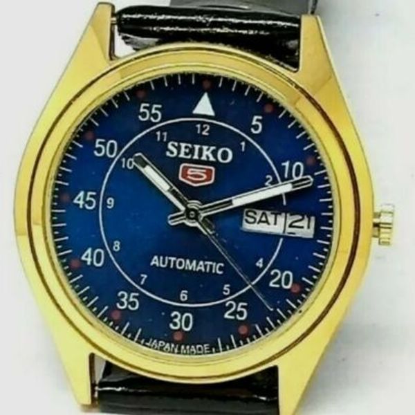 SEIKO 5 GOLD PLATED AUTOMATIC DAY/DATE ROYAL BLUE COLOR DIAL MEN'S ...