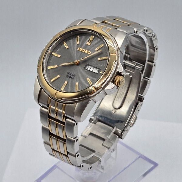 Seiko Solar Men's Watch Gray Face & Stainless Steel Band Gold Tone ...