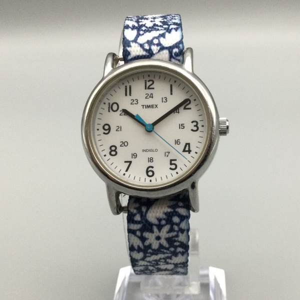 Timex Weekender Watch Women Indiglo Silver Tone Floral Nylon Band New ...