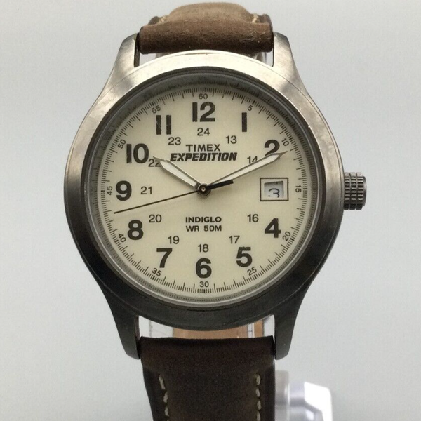 Timex Expedition Watch Men Indiglo 36mm Gunmetal Date Leather New Battery | WatchCharts Marketplace