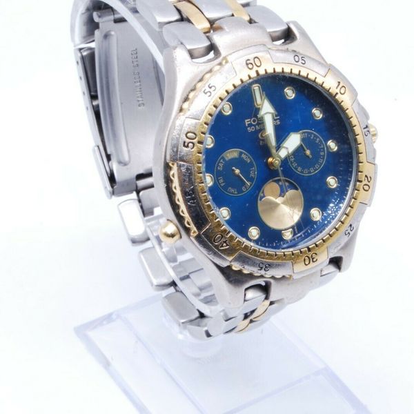 Fossil Blue Men's Watch BQ9025 Gold Day Date Moon Phase Two Toned New ...