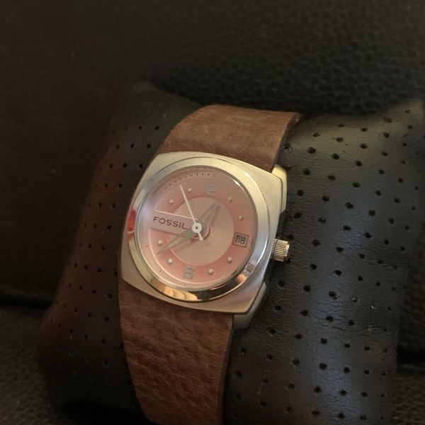 Womenâ s Fossil Pink Dial Square Tank Watch JR9342 Brown Leather Band ...
