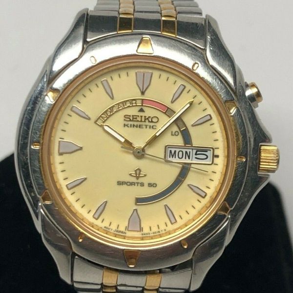 Seiko Kinetic Sports 50 Stainless & Gold case & band 5M43 0B19 A4 Day ...