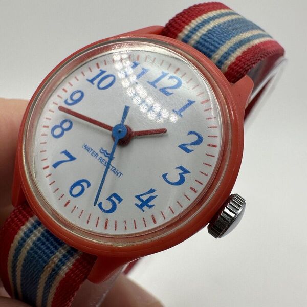 Timex Red Plastic Vintage Ladies Mechanical Wind Watch Nylon Strap ...