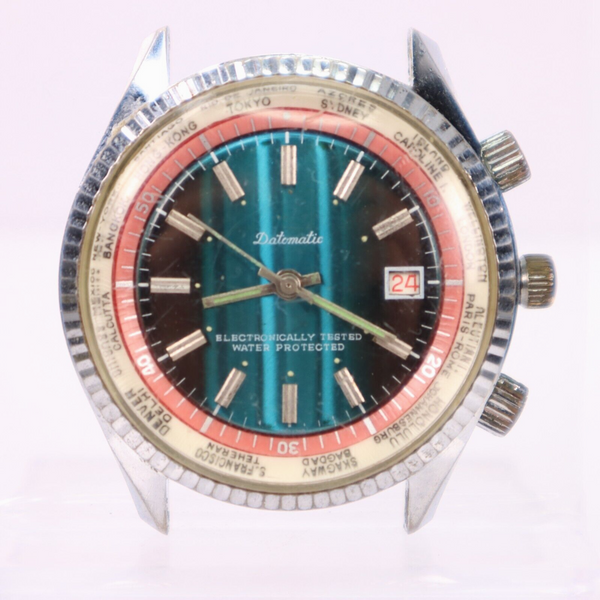 Vintage Citron Datomatic World Time Date Blue Dial Manual Wind Chrome ...