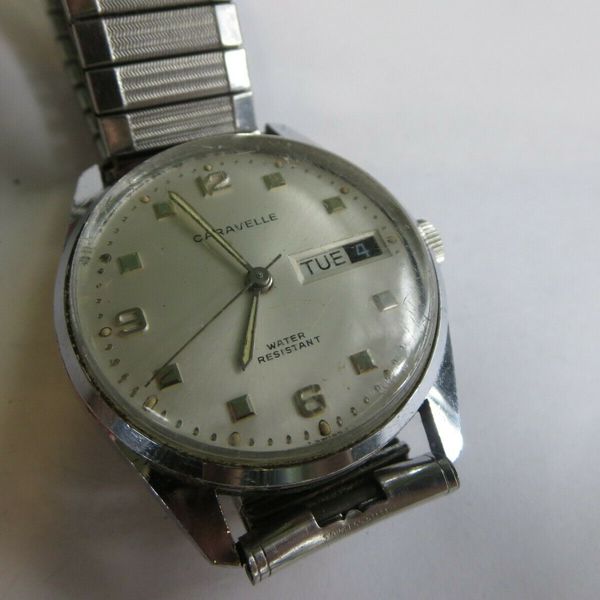 Vintage Bulova Caravelle Waterproof Wind Up Mens Watch Day Date repair ...