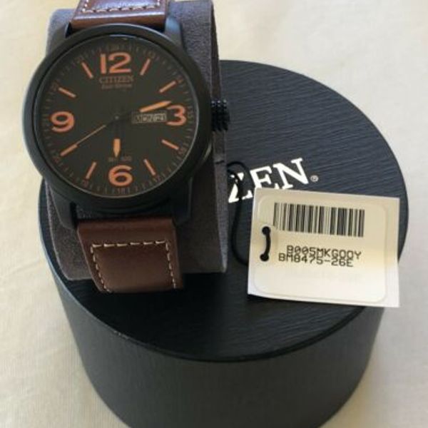Citizen Men's Eco-Drive Brown Leather Strap Orange/Black Dial Watch ...
