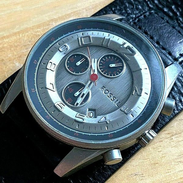 Fossil JR-9854 Men Wide Leather Bund Band Analog Quartz Chrono Watch ...