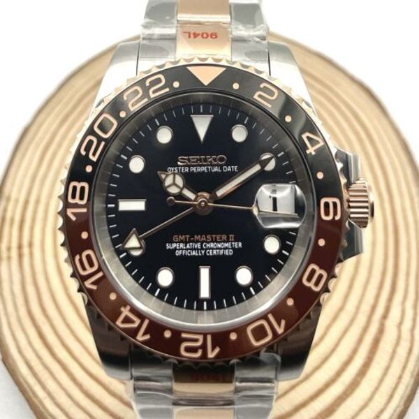 Custom Seiko NH34A Root Beer GMT Mod Automatic Watch Two Tone Stainless ...