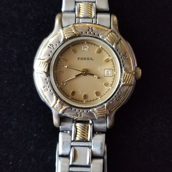 Fossil AM-1991 Two Tone Stainless Steel Date Watch 6.25" Max Size New ...