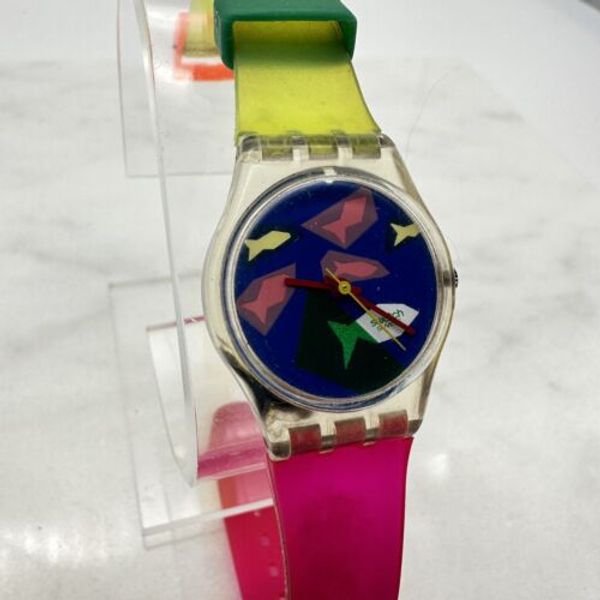 VINTAGE - Swatch Watch Red Green Yellow Fish Face - NEW BATTERY ...