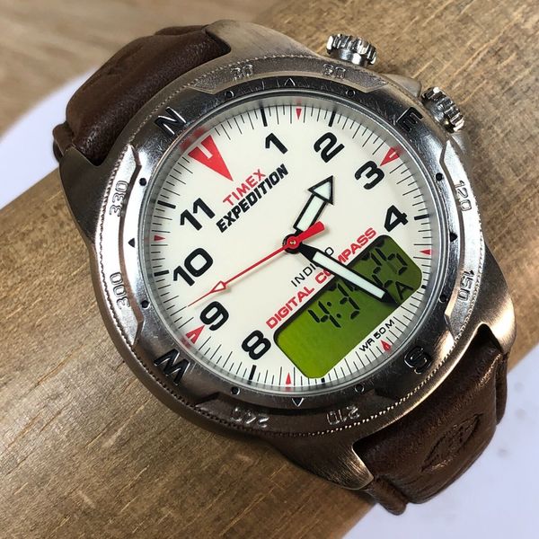 Timex Expedition Men Brown Leather Compass Quartz Analog Digital Watch ...