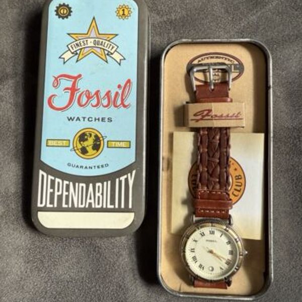 Vintage Fossil Watch 34mm Bevel Crystal Brown Braided Leather ...