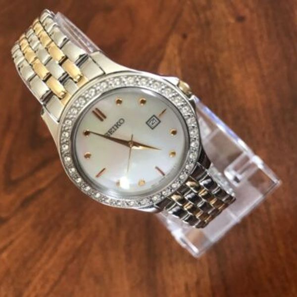 SEIKO Ladies Mother of Pearl Diamante Dress Watch 7N82 OHVO Gold/Steel ...