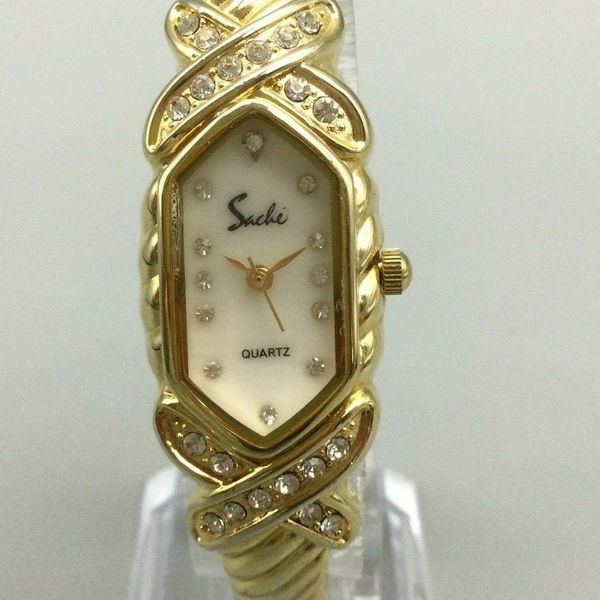 Sache Watch Women Gold Tone Pave Crystals Hinged Cuff Band New Battery ...