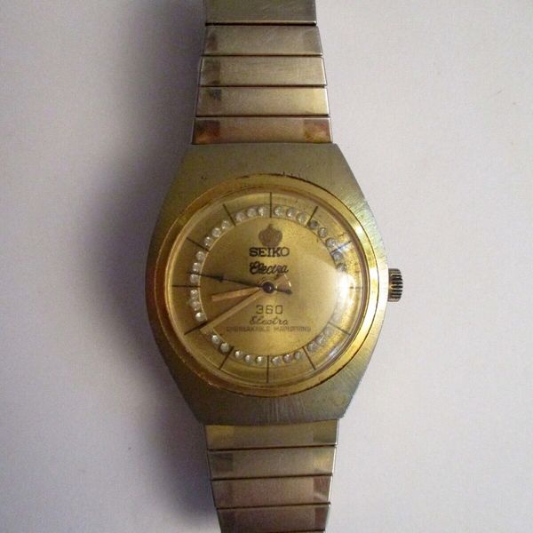 Vtg Seiko Electra Gold Plated w/Rhinestones Unbreakable Mainspring Mens ...