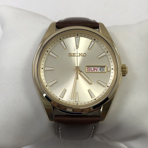 Seiko Essentials Quartz Champagne Dial Brown Leather Strap Men's Watch ...
