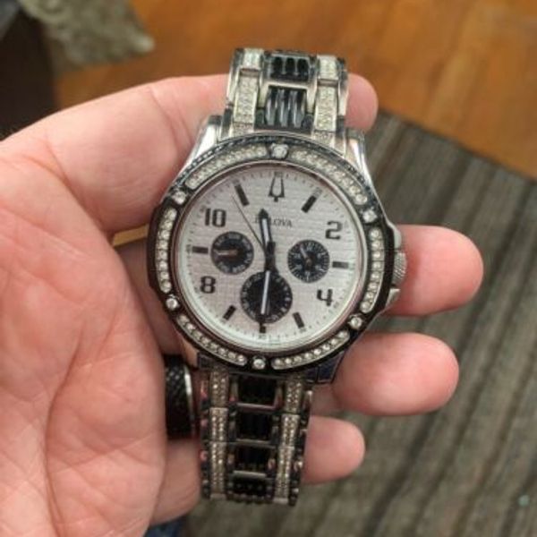 BULOVA 98C005 White Dial Swarovski Crystals Bracelet Men's Watch QYE5 ...