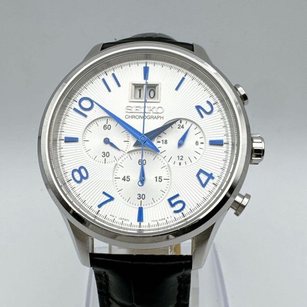 SEIKO Chronograph 7T04-0AE0 Big Date White Blue Watch NEW BATTERY & NEW ...