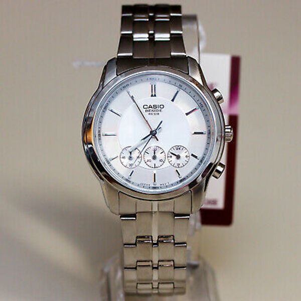 Casio Beside BEM504D-7A Men's Silver Chronograph Watch 3 Dials ...