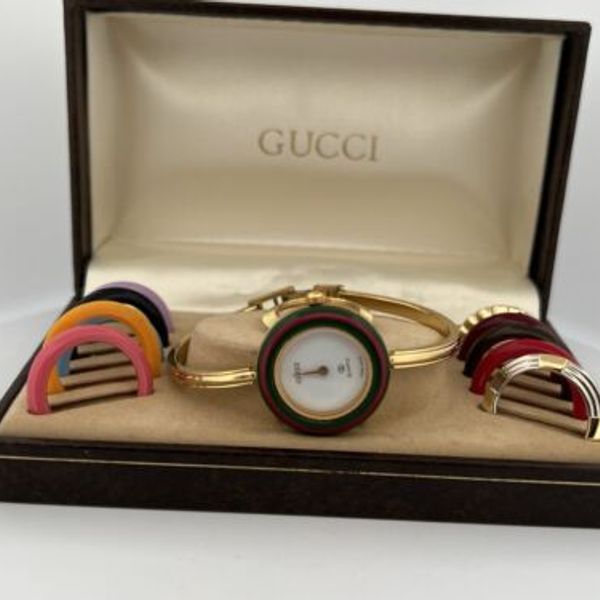 Auth Gucci Change Bezel 12 Colors Gold White Women Watch 6.5inc Quartz ...