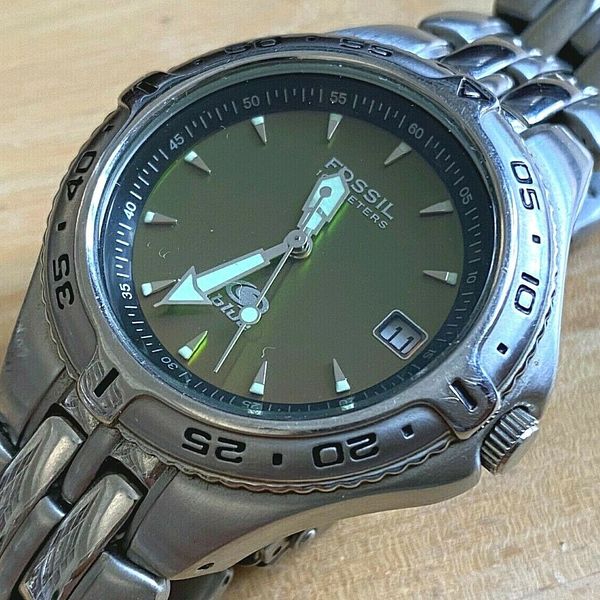 Fossil Blue AM-3627 Mens 100m Rotating Bezel Silver Analog Quartz Watch ...