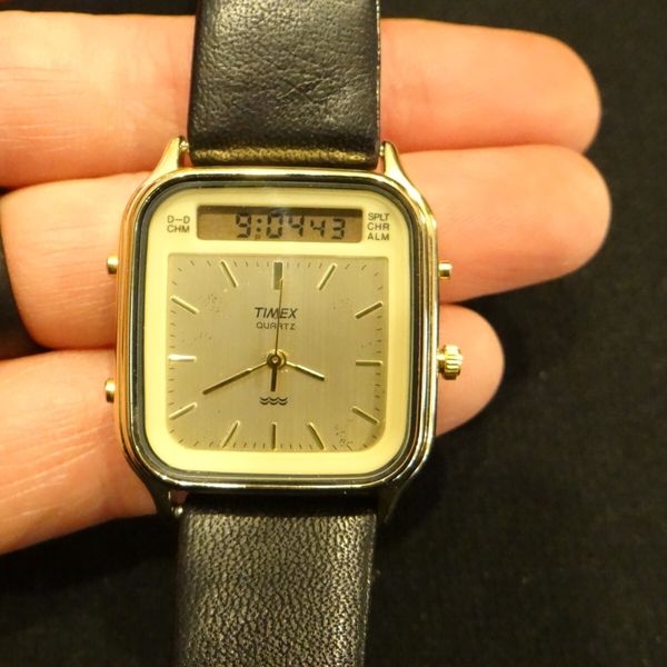 Vintage 80s Timex Analog Digital Mens Watch 392 K Cell Black Leather ...