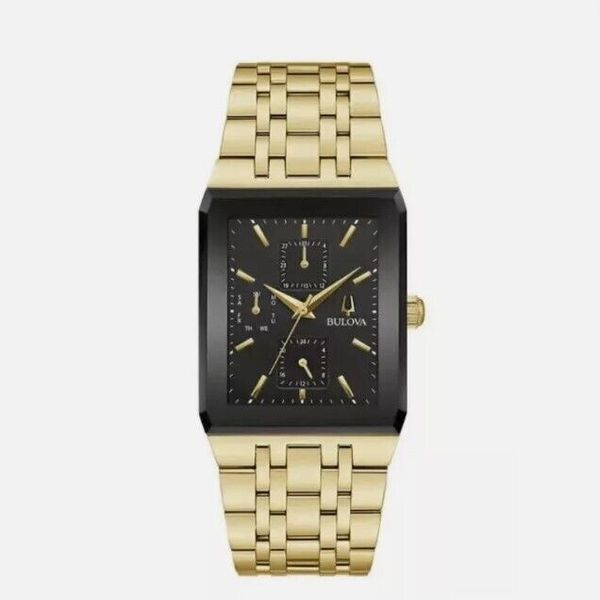 BULOVA MENS MSRP $450 QUADRA GOLD / BLACK DIAL SQUARE SUBDIALS DATE ...