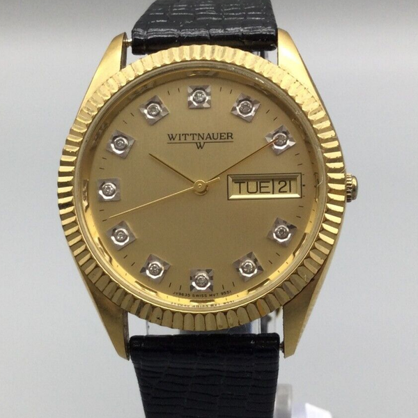 Vintage Wittnauer Watch Men 35mm Gold Tone Day Date Leather Band New ...