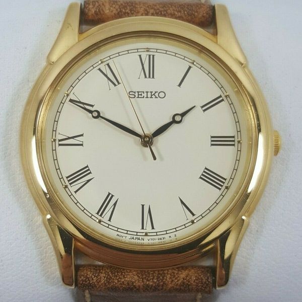 Seiko Quartz White Dial Gold Tone Brown Leather Strap Men's Watch V701-1920 | WatchCharts