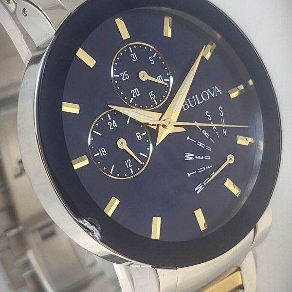 BULOVA MEN'S $495 FUTURO GOLD SILVER MULTI-FUNC BLUE DIAL DAY/DATE ...