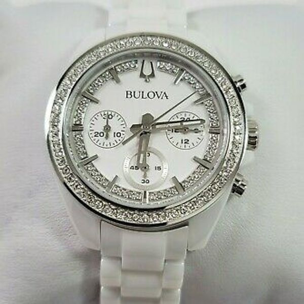 Bulova Quartz Chronograph Crystal Accent White Ceramic Ladies Watch ...