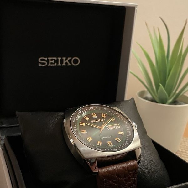 Seiko SNKM97 Recraft Automatic Watch - Green dial - Brown leather strap ...