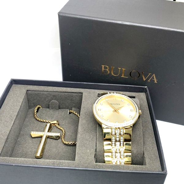 Bulova Men's Watch 98K113 Quartz Gold Dial Steel Gemmed 40mm Cross ...