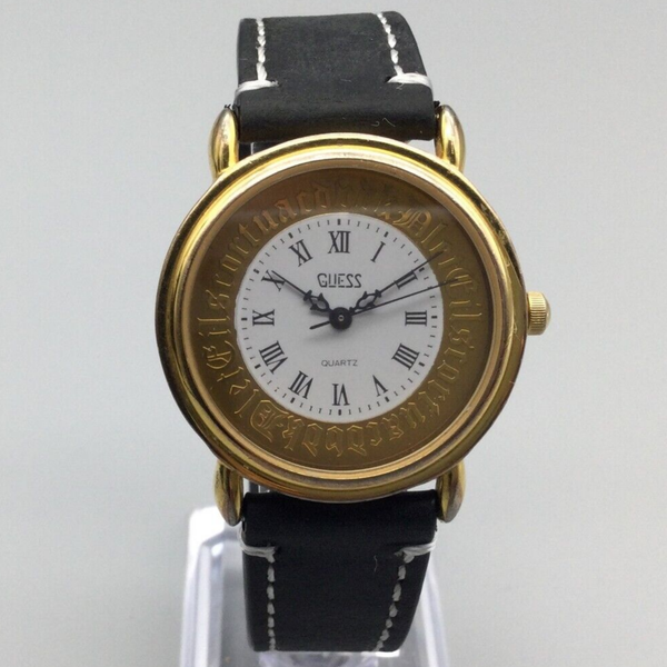 Vintage Guess Watch Women 34mm Gold Tone Black Leather Band 1990 New ...