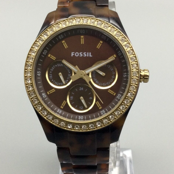 Fossil Stella Watch Women Gold Tone Tortoise Pave Date 50M New Battery ...