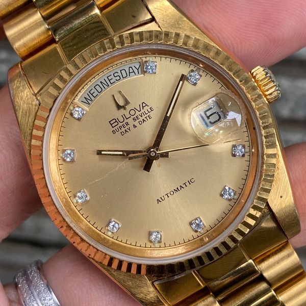 Rare Bulova President Super Seville Day Date Gold Diamond Automatic ...