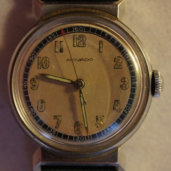 Vintage 1940's Movado Center Second Bull Horn Lugs Military Dial Watch ...