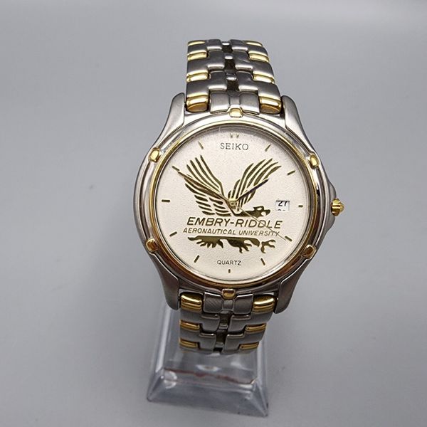 Seiko Watch Men Two Tone White Dial Date 35mm Round Embry Riddle 7N32 ...