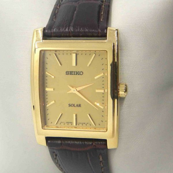 SEIKO SOLAR QUARTZ CHAMPAGNE DIAL BROWN LEATHER MEN'S WATCH SUP896 ...
